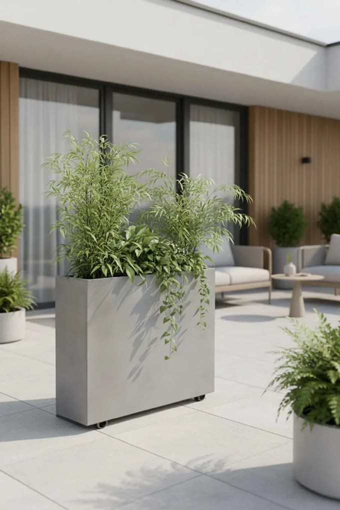 Květináč ELEMENTO na kolečkách, sklolaminát, šířka 88 cm, beton design šedá