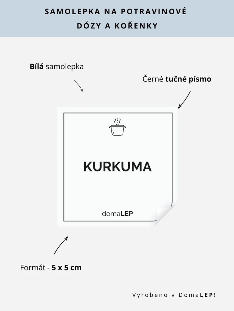 Samolepka na kořenky KURKUMA bílá 5 × 5 cm tučné písmo