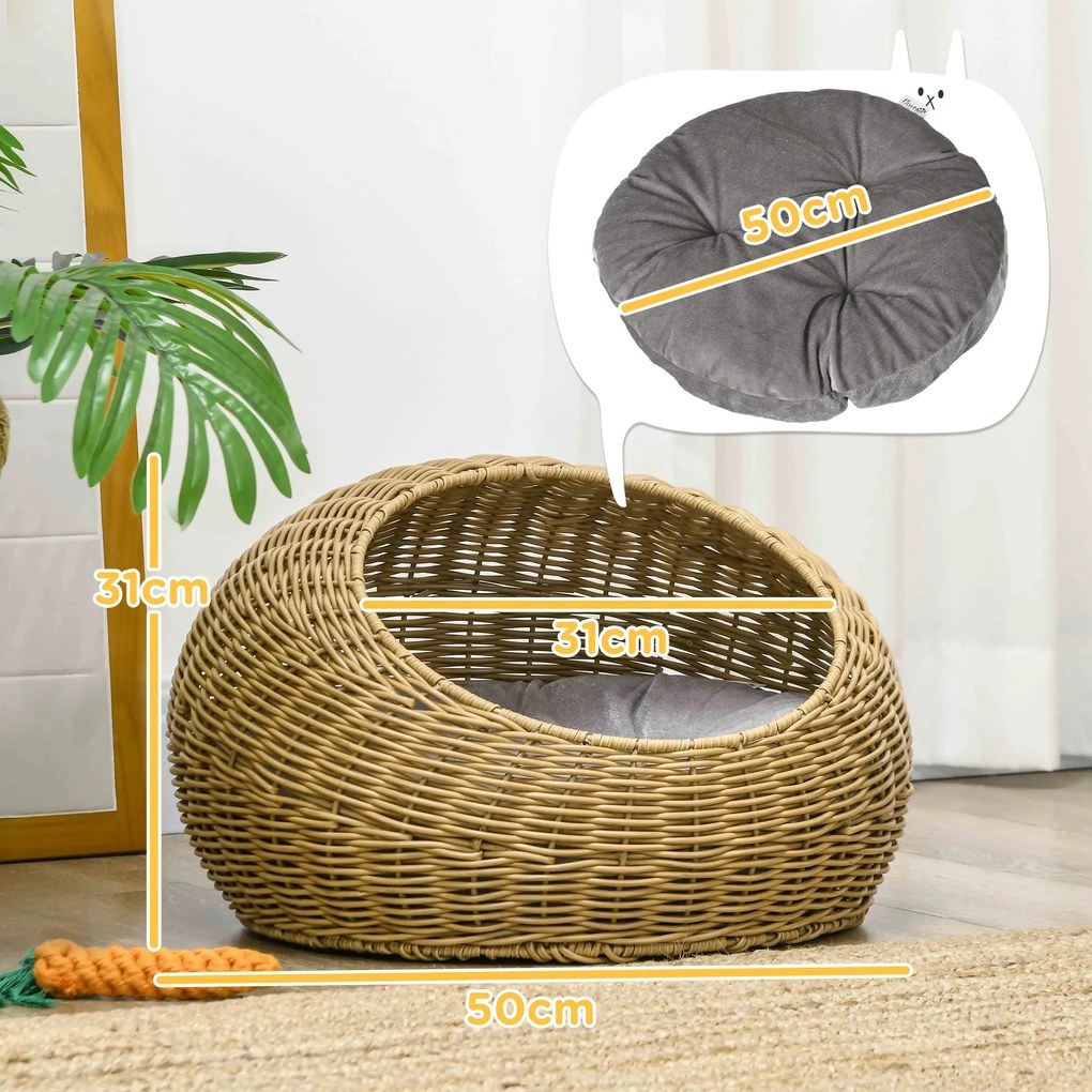 PawHut ratanový košík pro kočky s polštářem pro kočky do 4 kg, vnitřní jeskyně pro kočky z PE ratanu, Ø50 x 31 cm, světle hnědý pro útulné útočiště |…