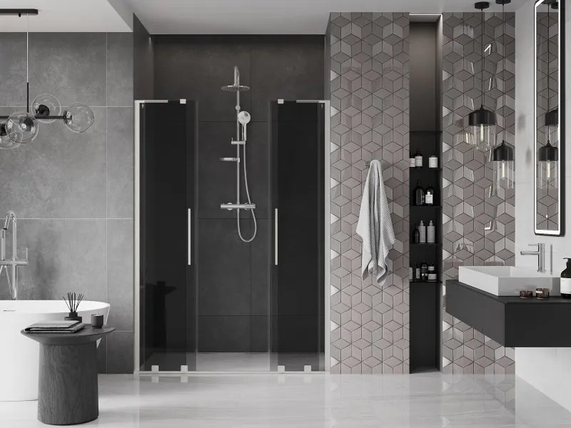 Mexen Velar L Duo, posuvné sprchové dveře do otvoru 150 cm, 8mm šedé sklo, broušená ocel, 871-150-003-42-97
