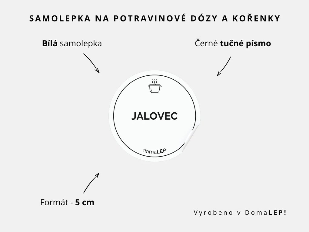 JALOVEC - omyvatelná samolepka na kořenky, výběr rozměrů Ø 5 cm / 5 x 5 cm / 6 x 8 cm | DomaLEP tvar: ČTVEREC, barva: BÍLÁ - ČERNÉ písmo, velikost: š. 5 cm x v. 5 cm - základní písmo