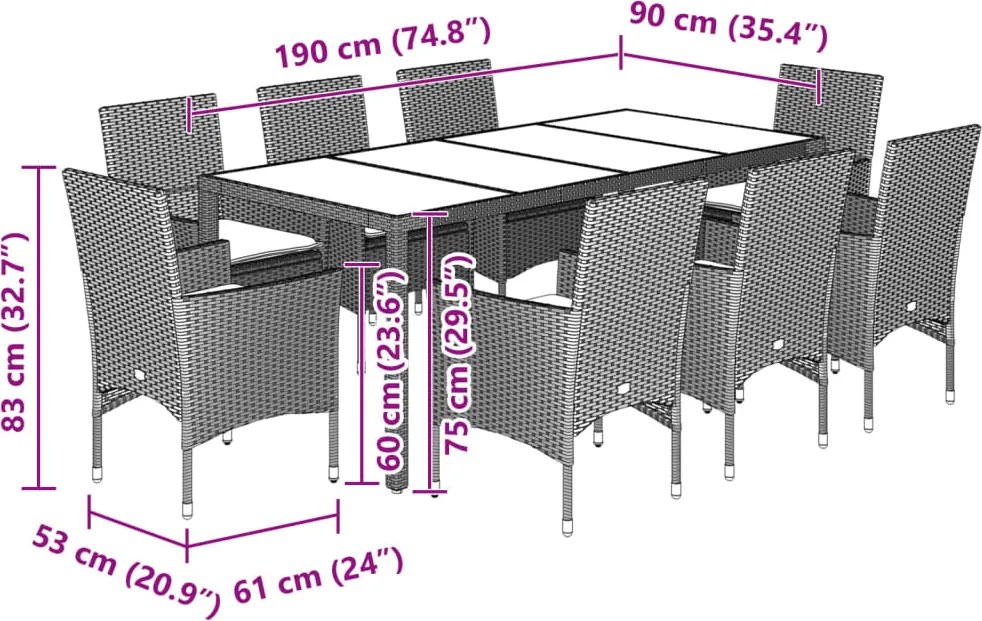 9dílný zahradní jídelní set s poduškami černý polyratan a sklo 3278542