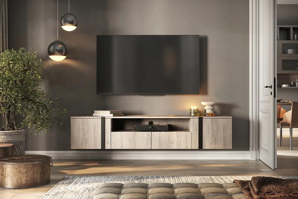 Závěsný TV stolek Verica 200 cm s výklenkem - dub piškotový / černé úchytky