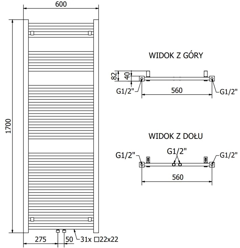 Mexen Pluton koupelnový radiátor 1700 x 600 mm, 980 W, Černá - W106-1700-600-00-70