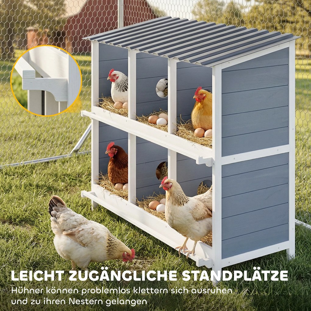 PawHut Hnízdo pro kuřata, vyvýšené dřevěné hnízdo pro kuřata se 6 přihrádkami, 2 bidýlka pro kurník pro malá zvířata 102 x 50 x 91 cm, šedá barva