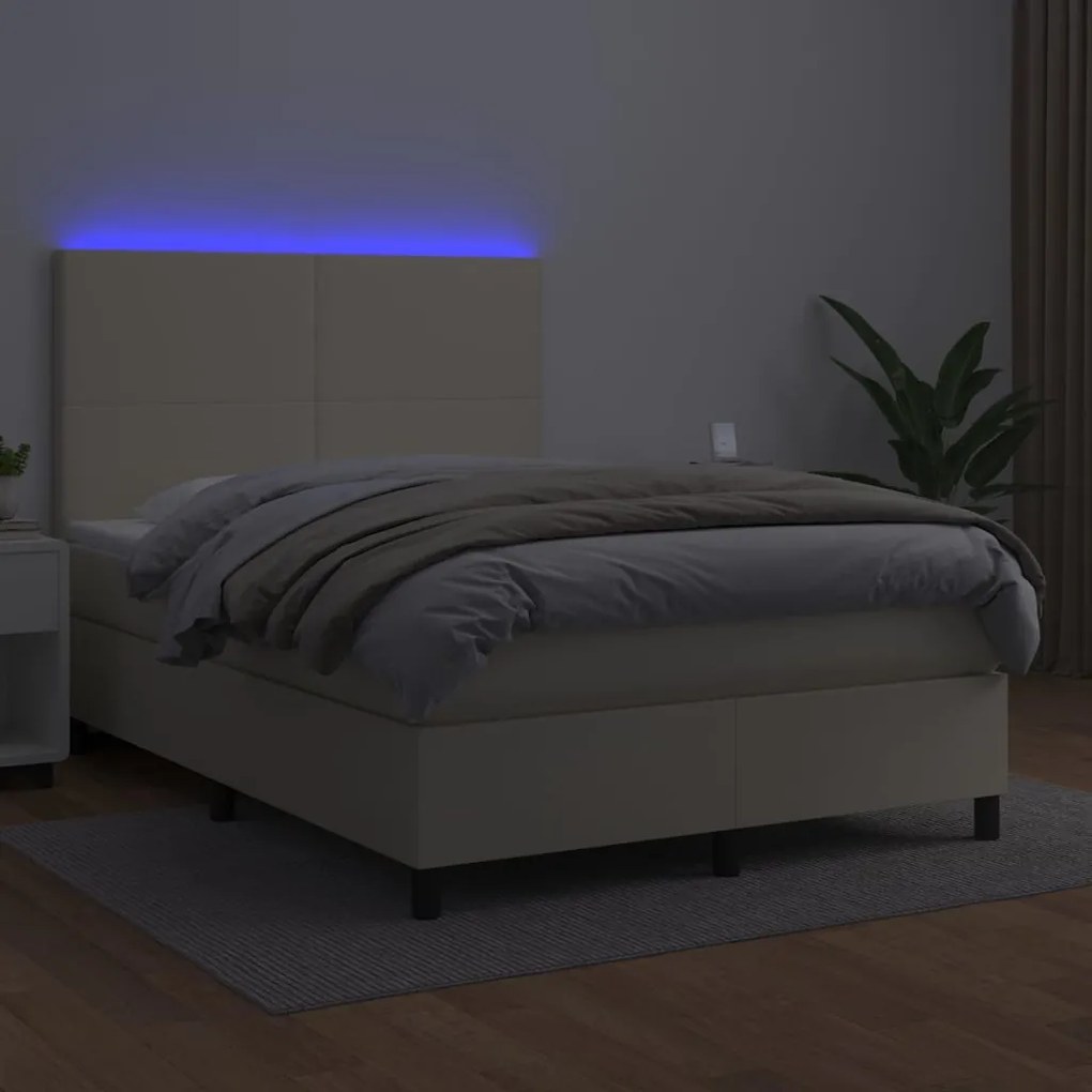 Box spring postel s matrací a LED krémová 140x190 cm umělá kůže 3135821