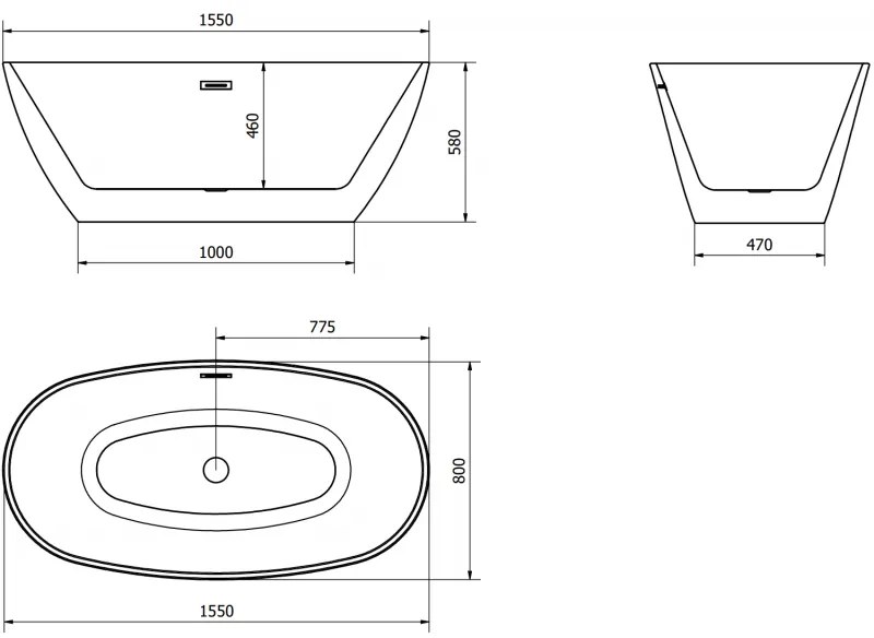 Mexen Eris, volně stojící vana 155 x 80 cm, bílá, měděný přepad, 53441558000-65