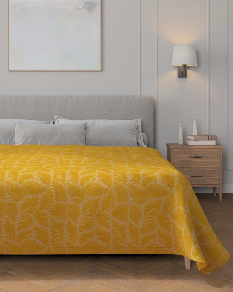 Přehoz na postel 220x260 cm barva žlutá látka pletený vzor, vzorované