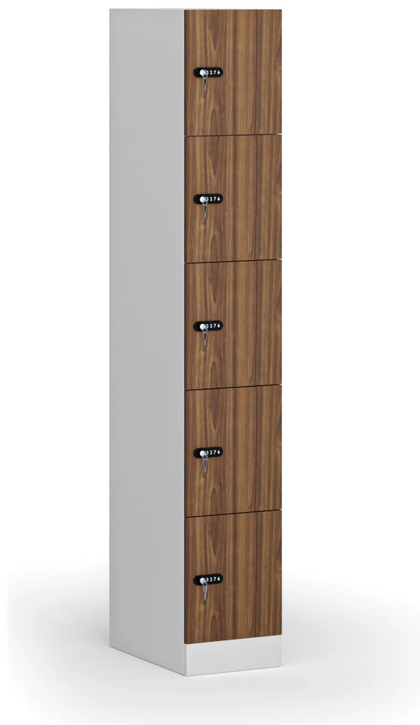 Šatní skříňka S1 s úložnými boxy, 5 boxů, 1850 x 300 x 500 mm, demont, mechanický kódový zámek, laminované dveře, ořech