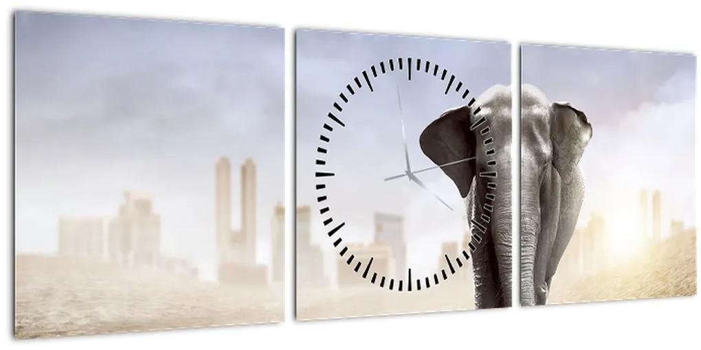 Obraz - Slůně ve velkoměstě (s hodinami) (90x30 cm)
