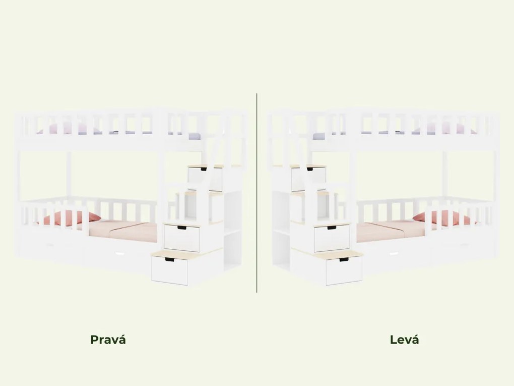 WoodPassion Dřevěná patrová postel SIESTA s úložnými schody 90x200 cm Zvolte barvu: Bílá - Přírodní, Zvolte šuplík: Dvojitý úložný šuplík, Zvolte stranu: Vlevo
