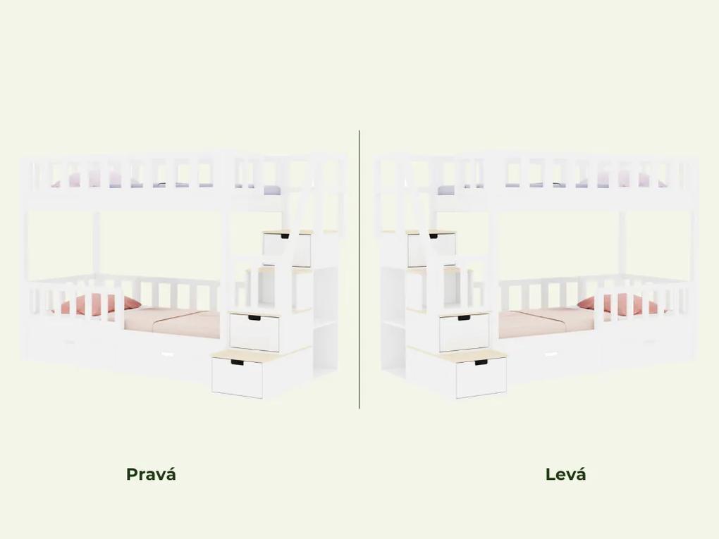 WoodPassion Dřevěná patrová postel SIESTA s úložnými schody 90x200 cm Zvolte barvu: Bílá - Šedá, Zvolte šuplík: Dvojitý úložný šuplík, Zvolte stranu: Vpravo