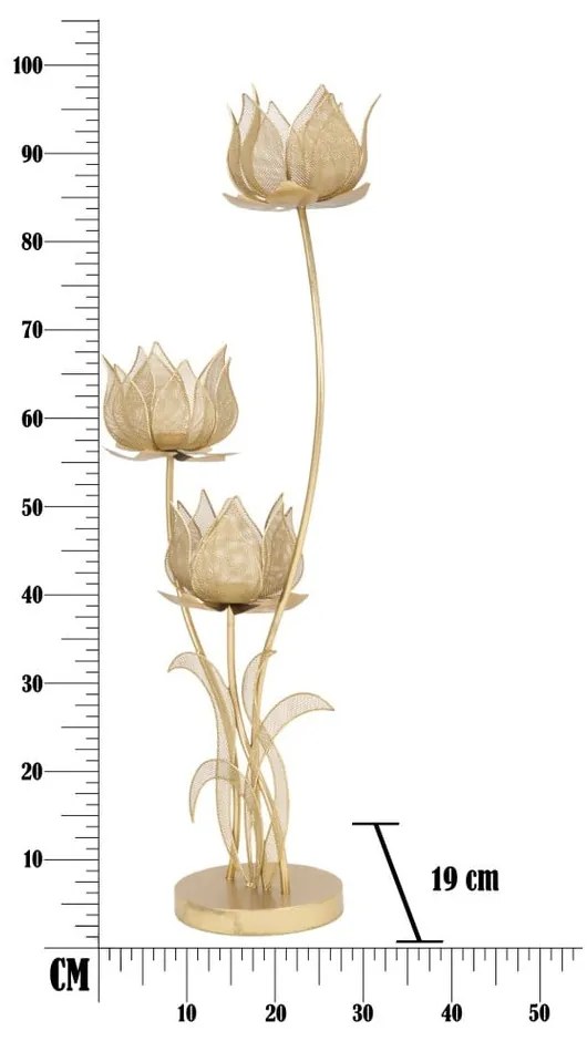 Železný svícen na 3 svíčky ve zlaté barvě Mauro Ferretti Flowery, výška 97 cm