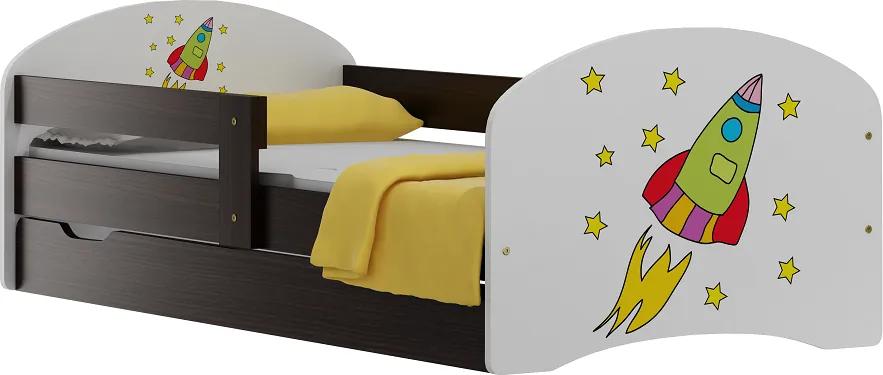 Dětská postel s motivem SPACE ROCKET  se zábranou Rozměr: 160x80, Matrace: bez matrace, Barevná kombinace: ORANŽOVÁ / BÍLÁ