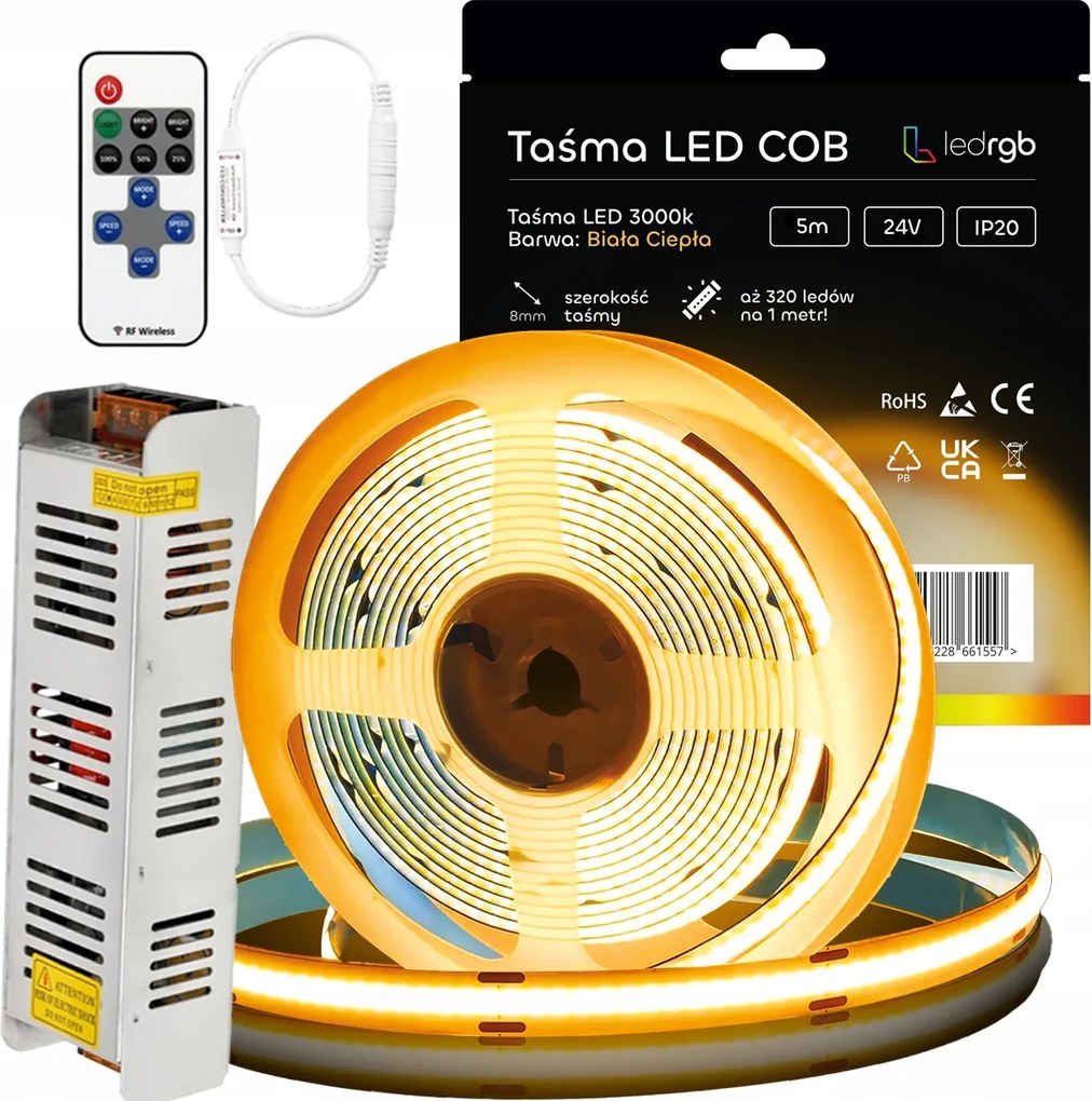 Sada Led pásků Neon Cob 24V 5 m 3000K Bílá Teplá Napájecí Zdroj 60W Dálkový Ovladač 8 mm