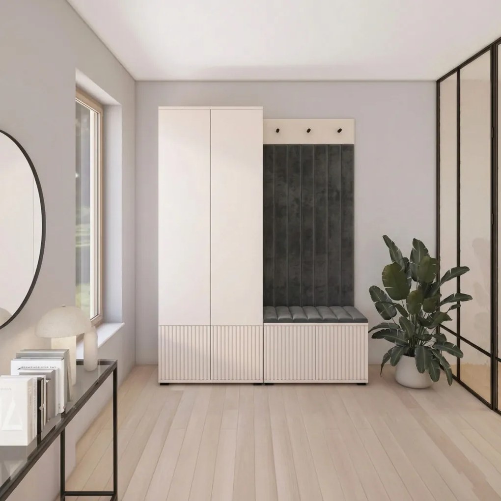 Předsíňová stěna RAYO 1 s čalouněnými panely, 140 cm, kašmír/ tmavě šedá