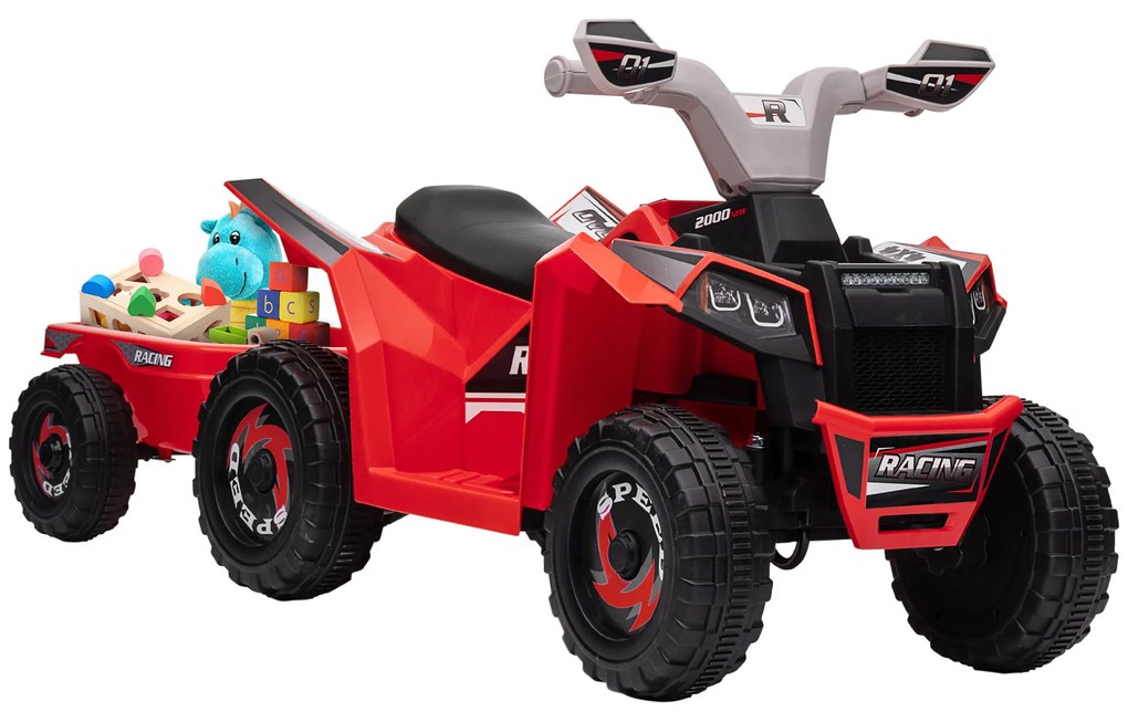 HOMCOM Prodám elektrickou čtyřkolku, s přívěsem, rychlost vpřed a vzad, oděruvzdorná kola, kovová, pro 1,5-3 roky, nosnost 25 kg, červená| Aosom