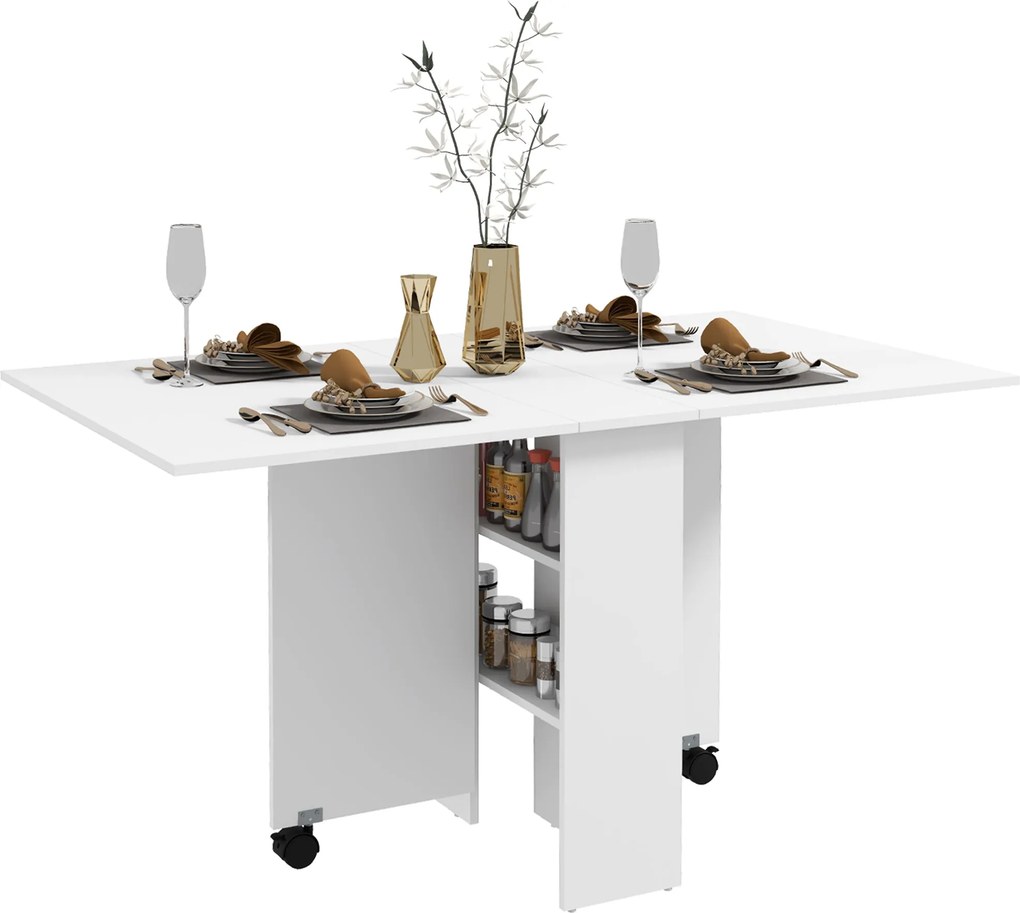 HOMCOM Skládací stůl s koly, Moderní design, Úsporný skládací jídelní stůl, 140 × 80 × 74 cm, Bílý | Aosom