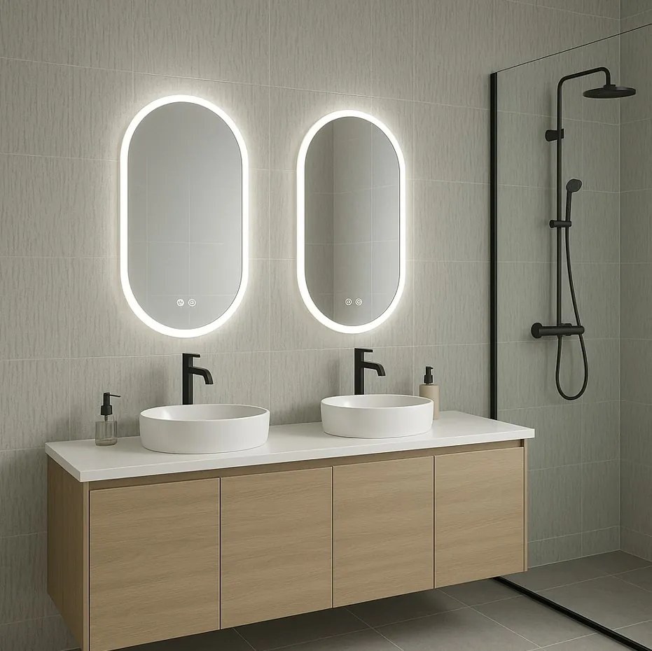 Erga Demi, oválné LED zrcadlo 60x90cm, 3 barvy světla, přední osvětlení, topná podložka proti zapaření, ERG-V01-Demi-6090-CL