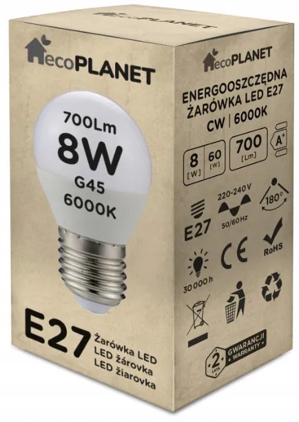 ecoPLANET 5x LED žárovka E27 - G45 - 8W - 700lm - studená bílá