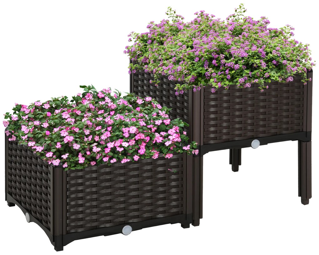 Outsunny vyvýšený dvojitý truhlík na květináče ratanového vzhledu 80x40x44cm s drenážními otvory z PP v hnědé barvě pro zahradní balkon | Aosom.de