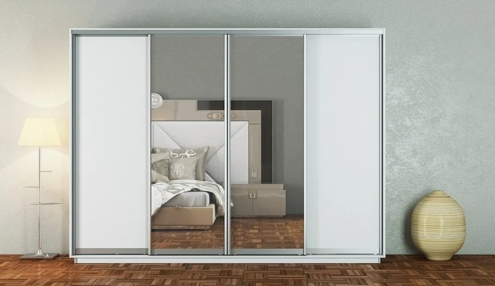 Šatní skříň GAMMA 300 × 240 cm bílá se zrcadlem