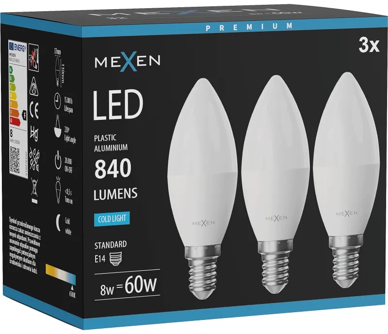 Mexen Nova 3x žárovka LED E14, C37, 8W, Studená - 6500K, 840 lm - L102-E14-0865-01x03