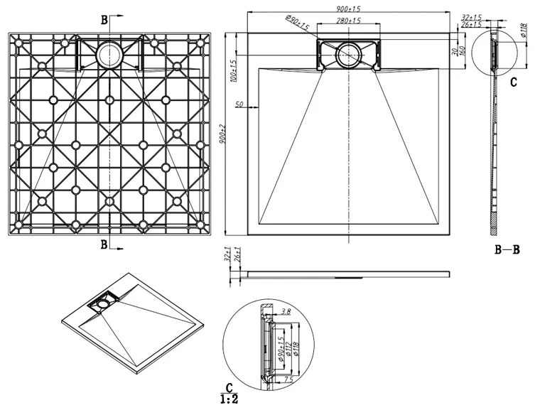 BPS-koupelny Čtvercová akrylátová sprchová vanička HYD-SSV-MIKO 90x90 bílá