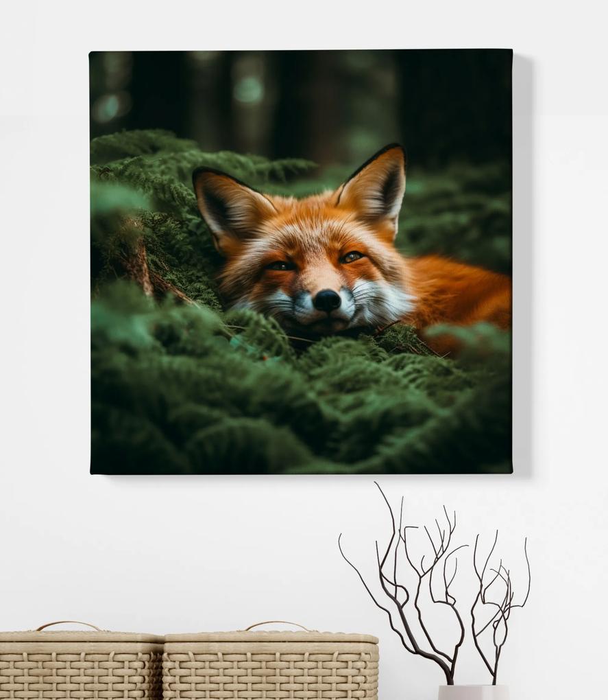 Obraz na plátně - Liška odpočívá v kapradinách FeelHappy.cz Velikost obrazu: 140 x 140 cm