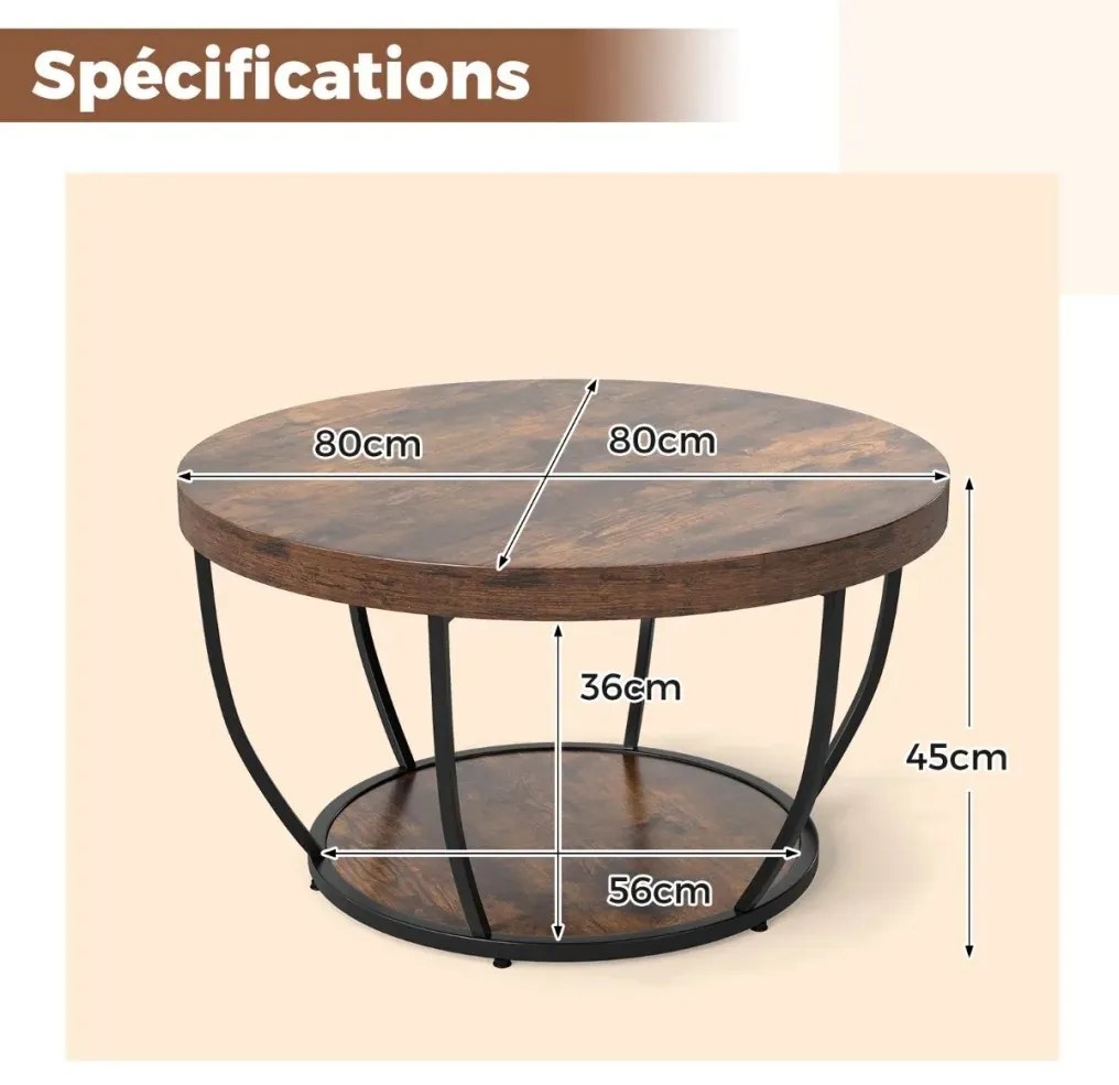 Costway Konferenční stolek kulatý, rustikální hnědá, 80 x 45 cm JV12526CF