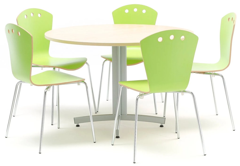 AJ Produkty Jídelní sestava SANNA + ORLANDO, stůl Ø1100 mm, bříza + 5 židlí, zelené