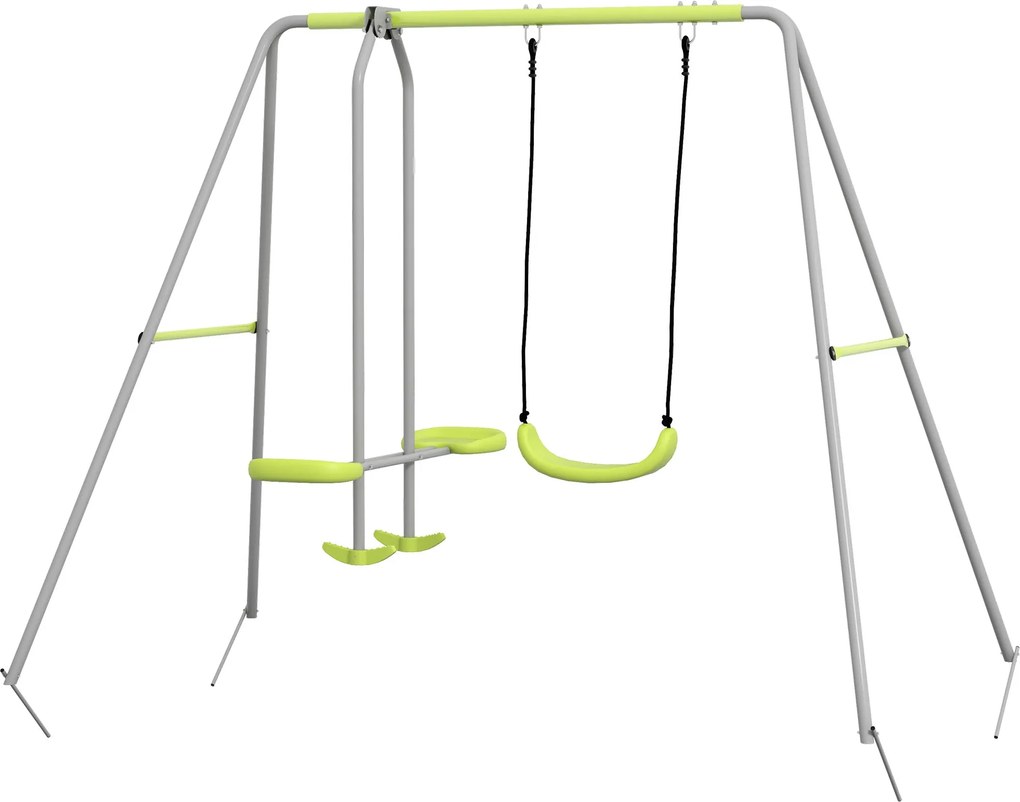 Zahradní houpačka Outsunny pro děti s 1 jednoduchou houpačkou, 1 klouzačkou a anti-UV ochranou, nosnost 135 kg, 255x160x180 cm, šedá a zelená | Aosom