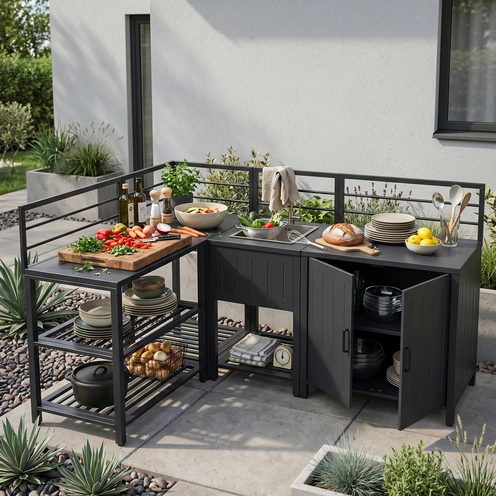 4-dílná zahradní kuchyňská linka s dřezem, šedá, TANITA