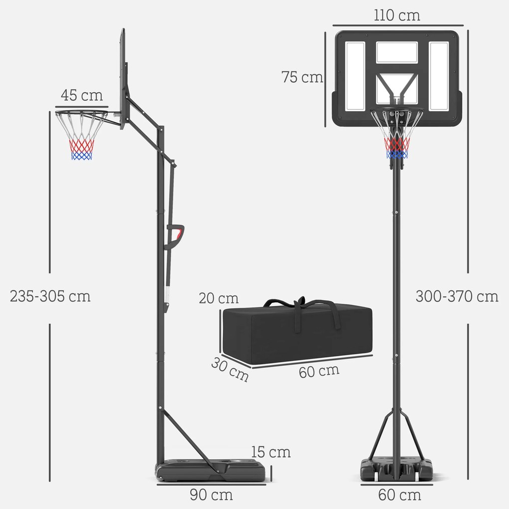 SPORTNOW basketbalový koš venkovní, nastavitelná výška koše 230-305 cm, basketbalový stojan s nerozbitnou zadní stěnou 110 x 75 cm s kolečky, odpruže…
