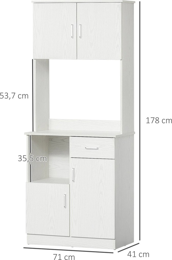 HOMCOM Kuchyňský Buffet Kuchyňská Skříň Multi-Úložná 4 Dveře 1 Zásuvka Polička + Velký Pracovní Pult 71 x 41 x 178 cm Bílý MDF