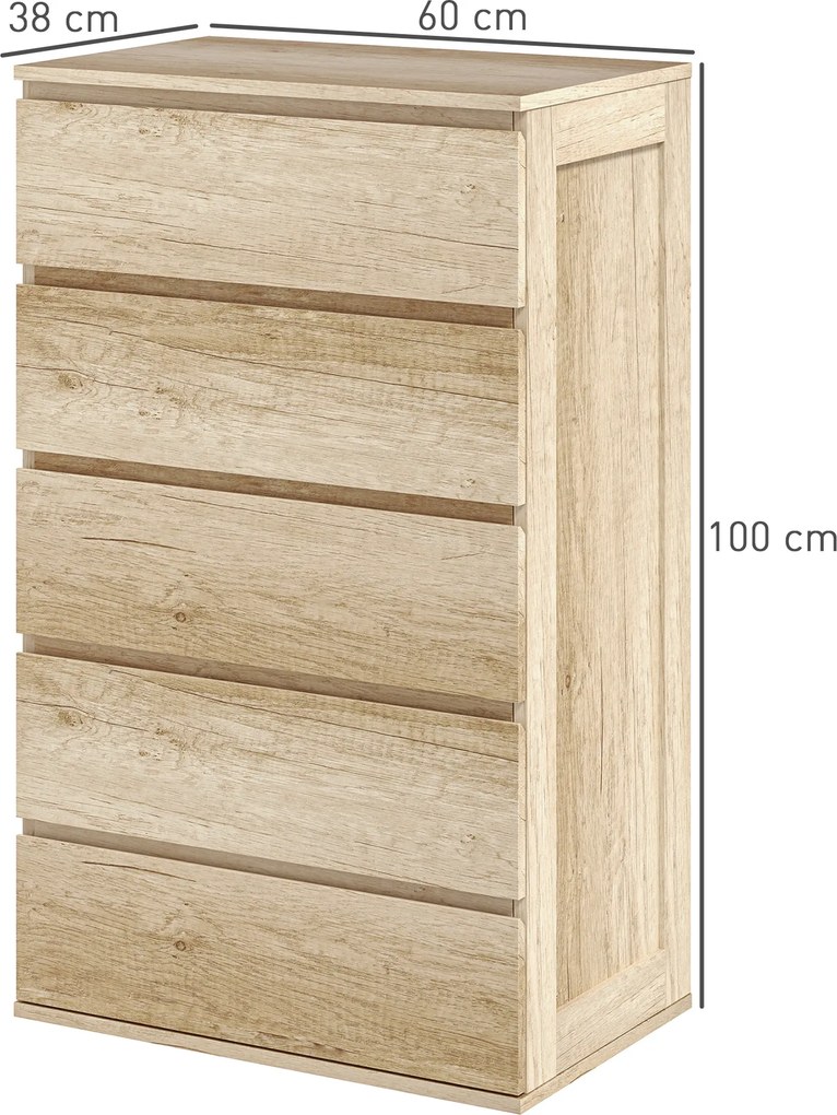HOMCOM 5-zásuvková komoda do ložnice s moderním stylem a tichým uzavíracím mechanismem - 60 x 38 x 100 cm, Přírodní dřevo
