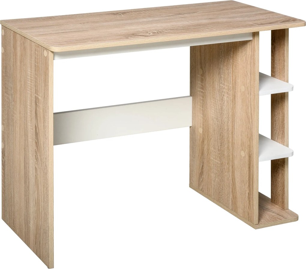 HOMCOM Počítačový stůl s rozměry 100 Š x 44 H x 74 V cm, 3 boční police, dřevo, světlý dub, bílý | Aosom