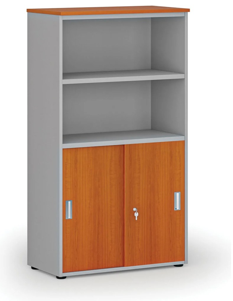 Kombinovaná kancelářská skříň PRIMO GRAY, zasouvací dveře na 2 patra, 800 x 420 x 1434 mm, šedá/třešeň