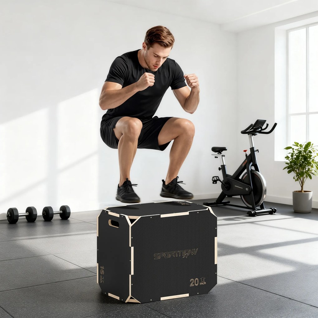 SPORTNOW 3-v-1 Plyo-box, skákací box s otvory pro uchopení, pro domácí fitness a venkovní cvičení, 3 výšky skoku, dřevo, Černá