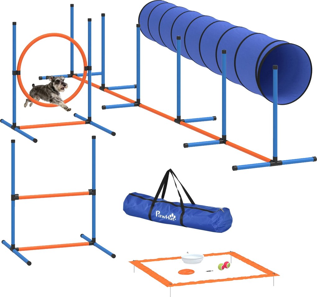 PawHut 8dílná sada pro výcvik agility psů s tunelem, slalomem, nastavitelnými překážkami, kruhem, pauzovací plošinou, miskou, hračkami a taškou — zahr