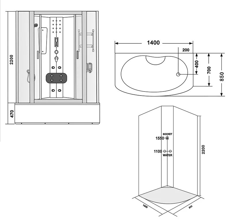 BPS-koupelny Hydromasážní box HYD-Steff 140 SA, 140x85 se saunou