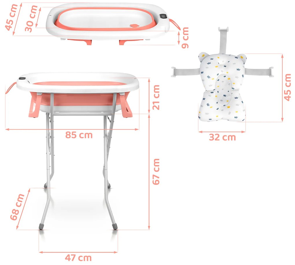 Skládací vanička pro kojence a děti s rámem, teploměrem a vložkou Ricokids RK-287 bílá a růžová