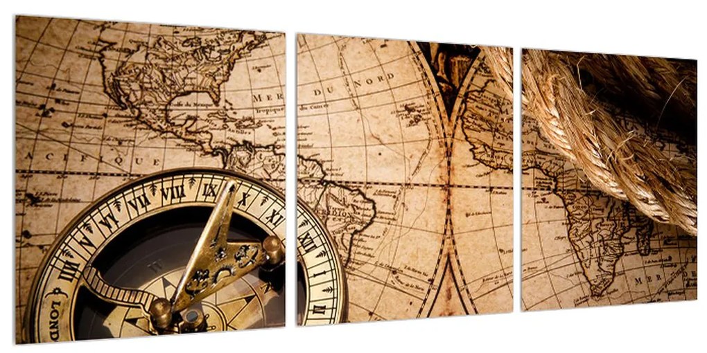 Historický obraz mapy světa a kompasu (90x30 cm)