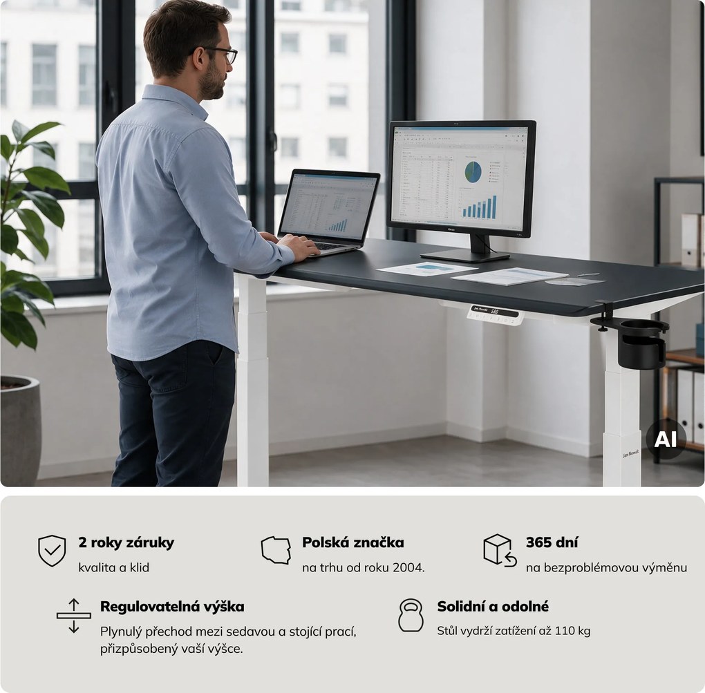 Elektrický stůl s nastavitelnou výškou ergonomický bílo-antracitový,1600x800 mm: ARIA