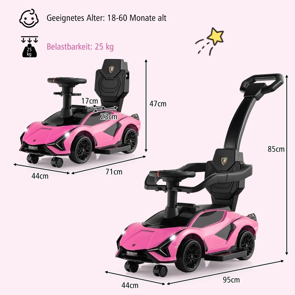 Costway 3 v 1 Lamborghini Push Car se světlomety a hudbou a – růžový