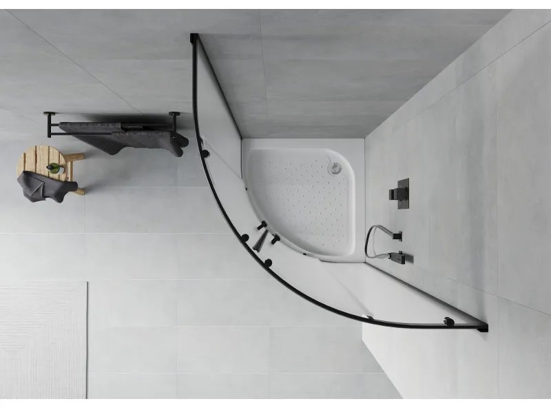 Mexen Rio, čtvrtkruhový sprchový kout s posuvnými dveřmi 80 (dveře) x 80 (dveře) x 190 cm, 5mm sklo námraza, černý profil + bílá sprchová vanička RIO, 863-080-080-70-30-4710