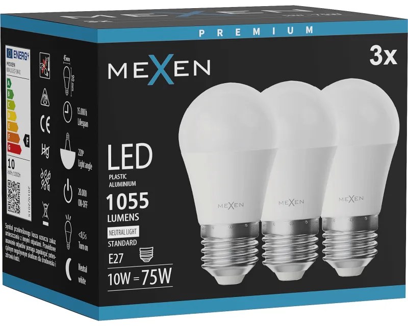 Mexen Nova 3x LED žárovka E27, G45, 10W, Neutrální - 4000K, 1055 lm - L101-E27-1040-01x03