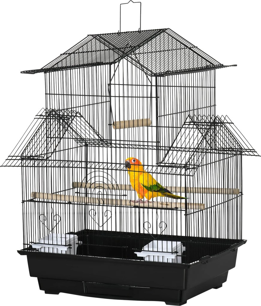 PawHut Ocelová ptákovka s krmítky, bidly, houpačkou a vyjímatelným táckem - Velká ptákovka pro papoušky, kanáry a andulky 50,5x41x63 cm Černá | Aosom