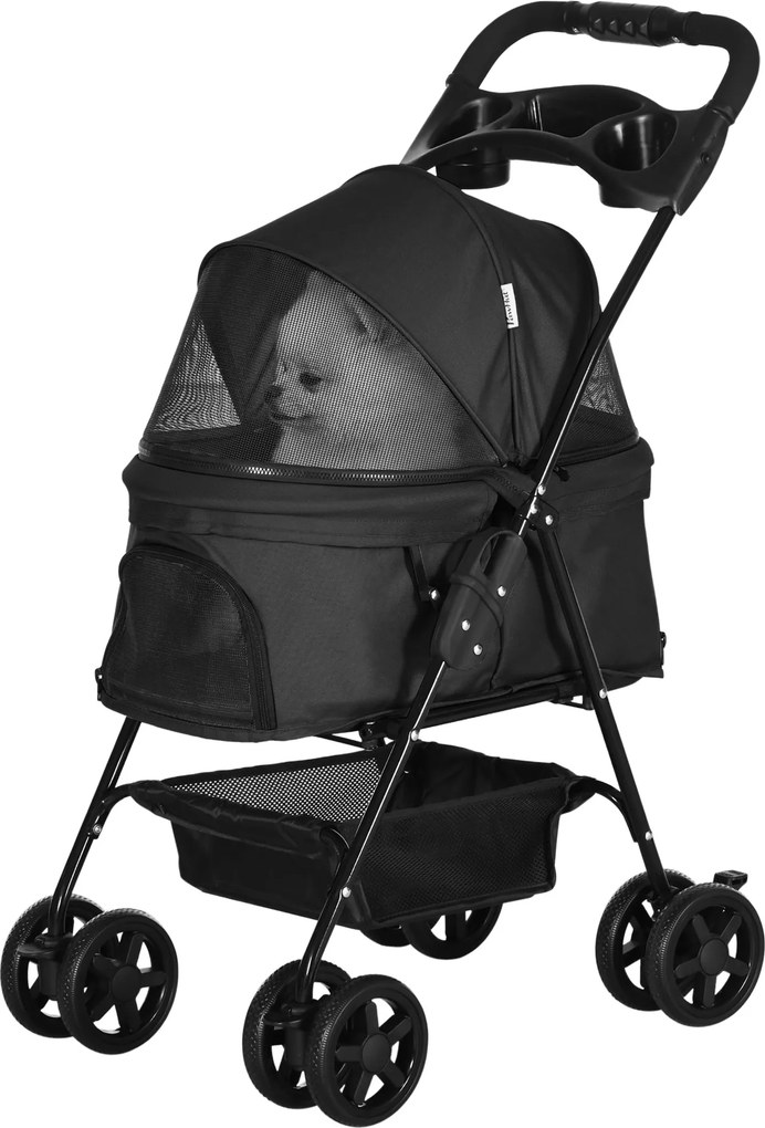 Skládatelný kočárek PawHut pro malé psy s univerzálními koly, úložným košíkem, bezpečnostními pásy a oknem, nosnost 15 kg, 67x45x96 cm, černý