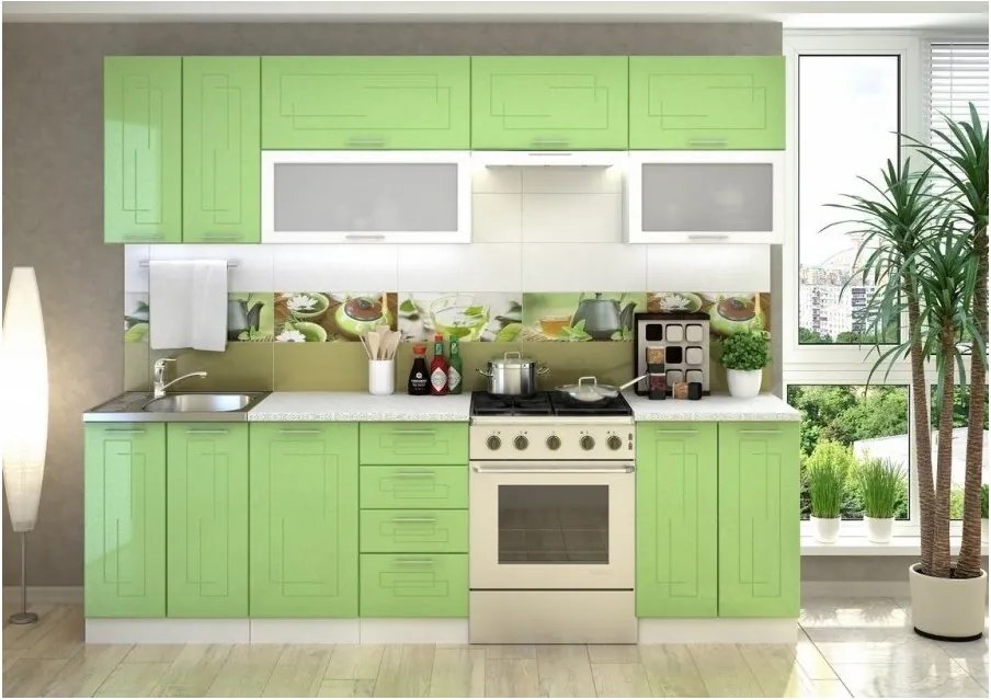 Moderní kuchyňská linka CS-7180, zelená metalic lesk, 260 cm KN nábytek